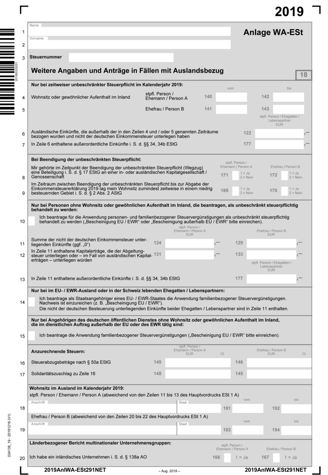 Anlage WA-ESt - Weitere Angaben und Anträge in Fällen mit Auslandsbezug ...