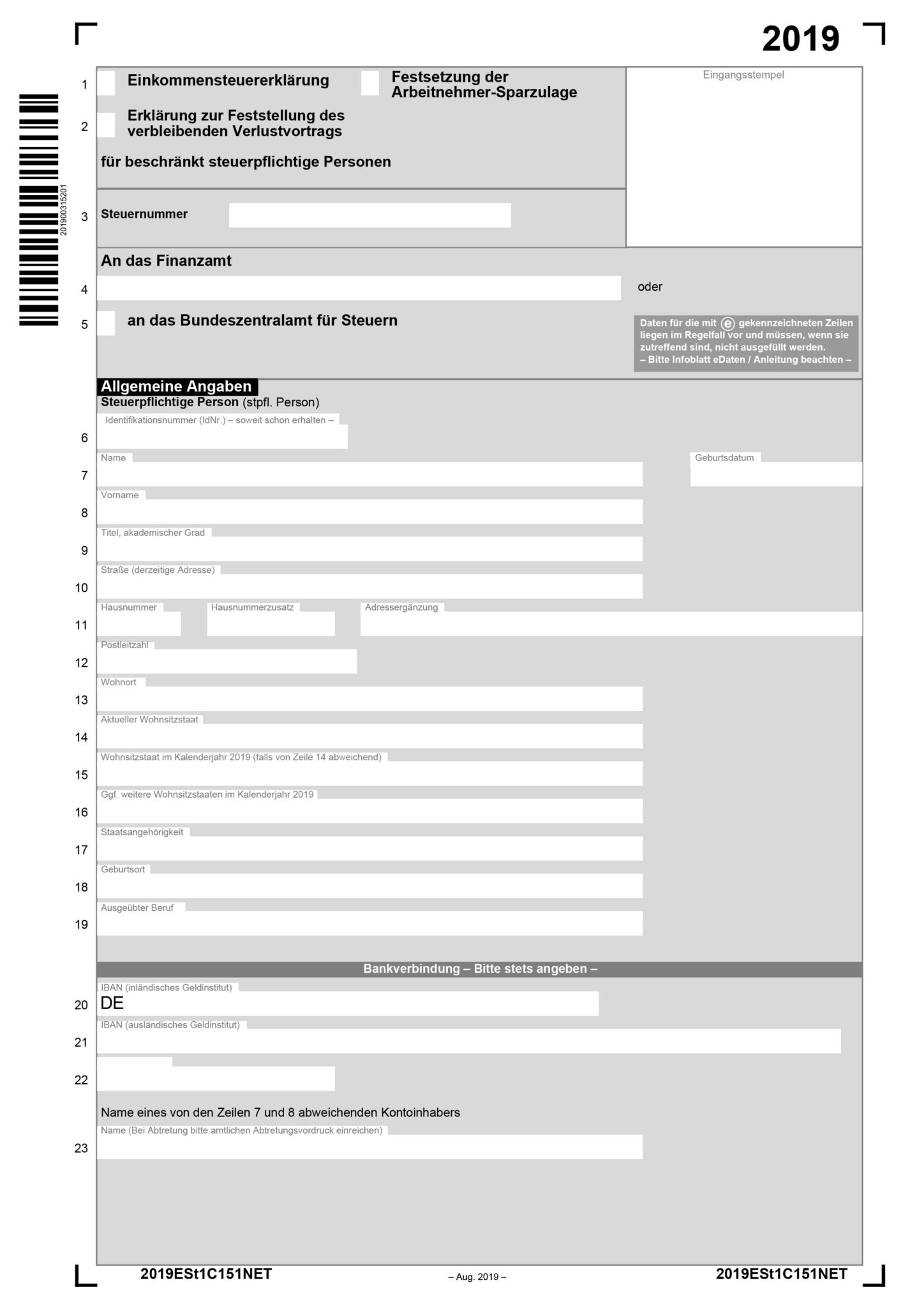 Einkommensteuererklärung (Hauptvordruck ESt 1 C) - für beschränkt ...